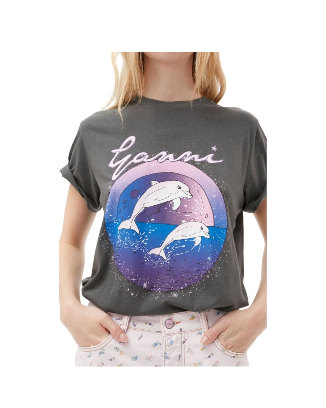 T-shirt med delfin print i grå | GANNI | QueenAndKids.dk